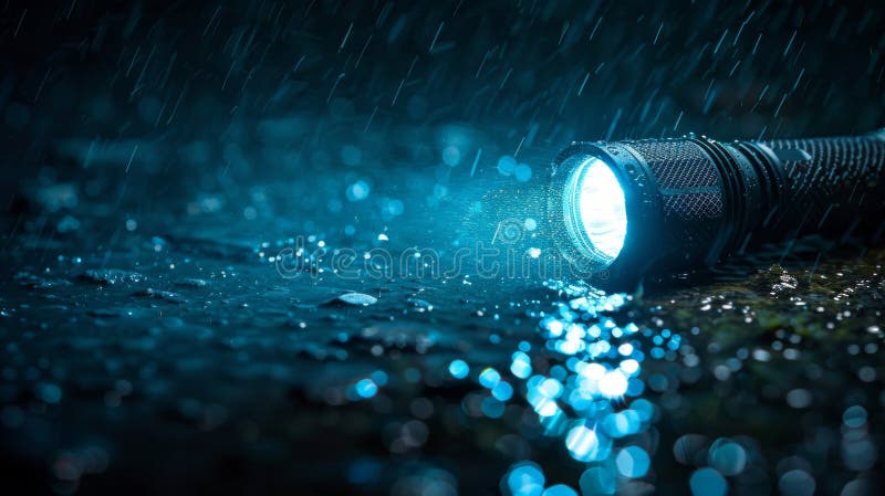 A Glowing Flashlight Lies on the Wet Ground. Raindrops Glisten in the ...