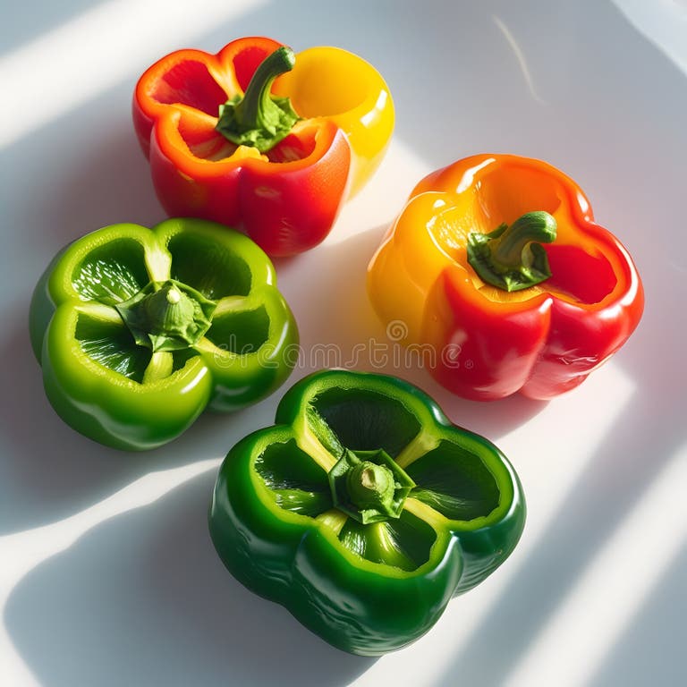 The Image Features Four Brightly Colored Bell Pepper Slices, Each with ...