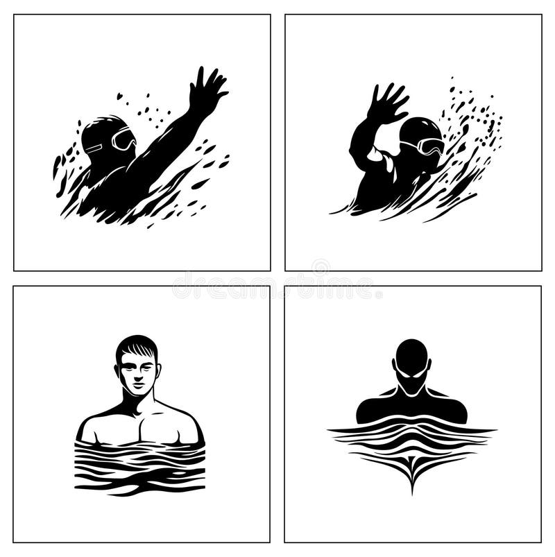 Four Illustrations of Swimmers in Various Styles Including a Silhouette ...