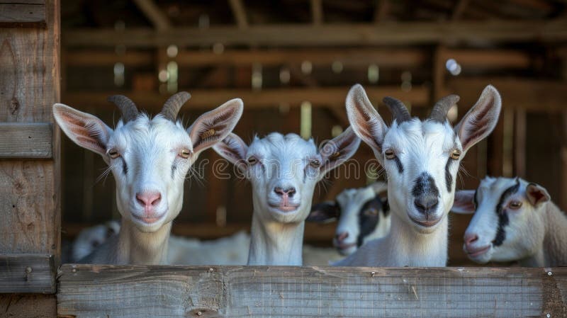 Four Adorable Goats Peeking from a Barn. Their Curious Faces Show a ...