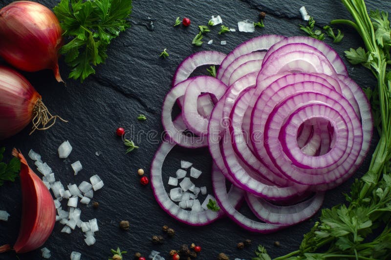 Fresh Red Onion Slices Arranged Beautifully on a Slate Surface. Bright ...