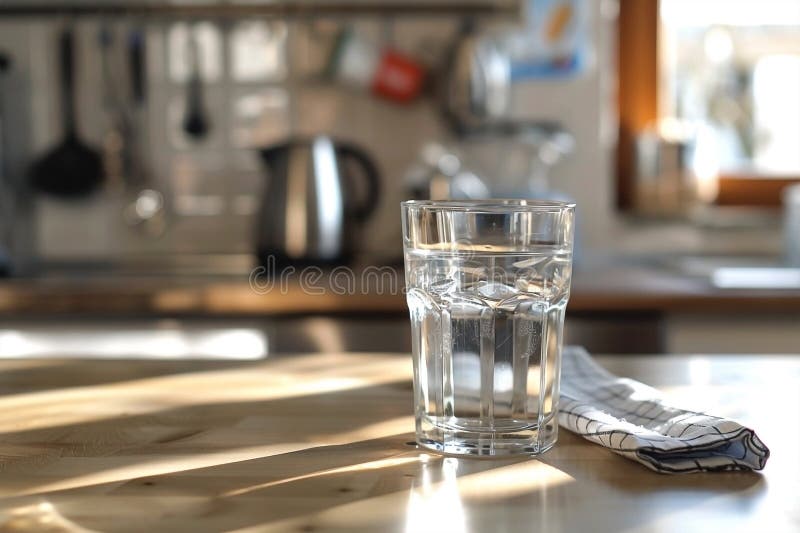 Glass of Water on Table with Blurred Kitchen Background and Empty ...