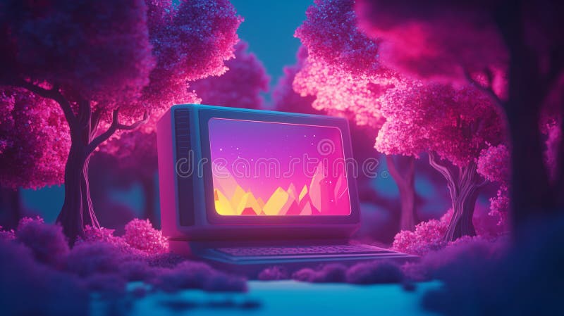 Futuristic Computer with Digital Landscape in a Surreal Forest with ...