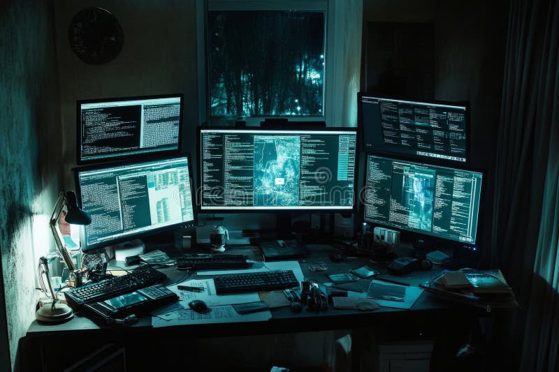 A High-tech Workspace with Multiple Monitors Displays Data and Code. the Room is Dimly Lit ...