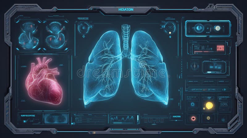 Futuristic Medical Display Showing a Heart, Lungs, and Anatomical Data ...