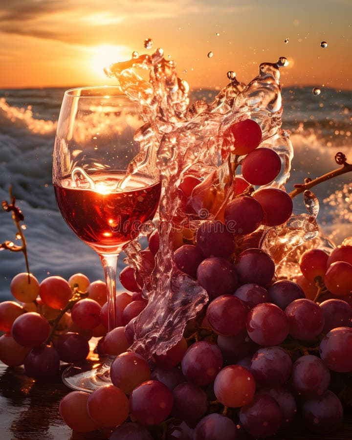 A Glass of Red Wine with Grapes on a Sandy Beach by the Ocean, Perfect ...