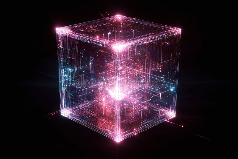 Glowing Futuristic Digital Cube with Pink and Blue Neon Grid on Black ...