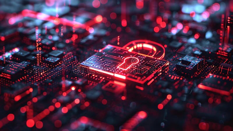Glowing Red Cyber Security Lock Icon on Detailed Circuit Board ...