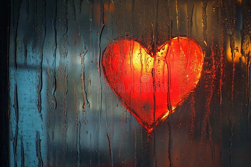 Red Heart Shaped Light Behind Raindrop Covered Glass Window with Blue ...