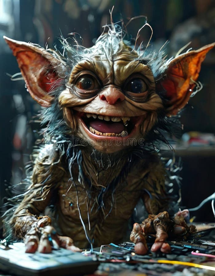 Grinning Goblin-like Creature with Large Eyes and Sharp Teeth at a Desk ...