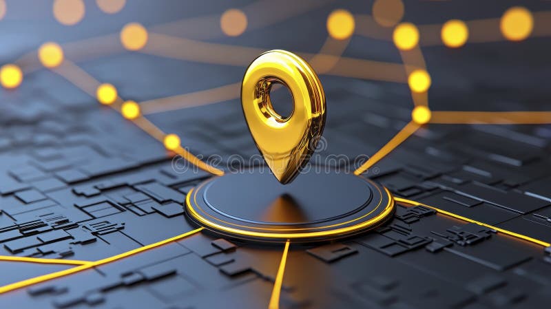 Golden Location Pointer on Abstract Map with Light Connections Stock ...