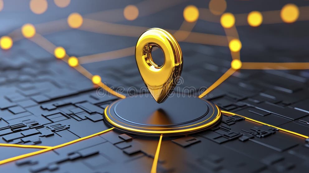 Golden Location Pointer on Abstract Map with Light Connections Stock ...