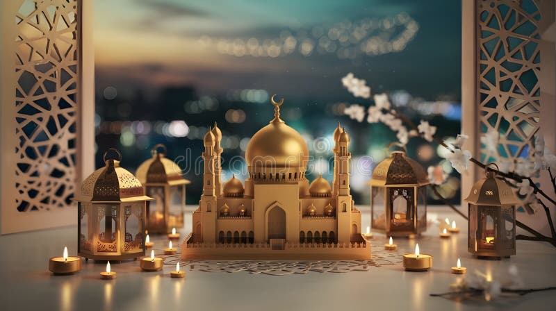 Golden Mosque Model with Lanterns and Candles for Ramadan Decoration ...
