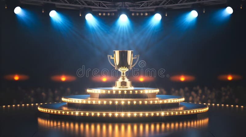 Golden Trophy on Illuminated Podium with Stage Lights Stock ...