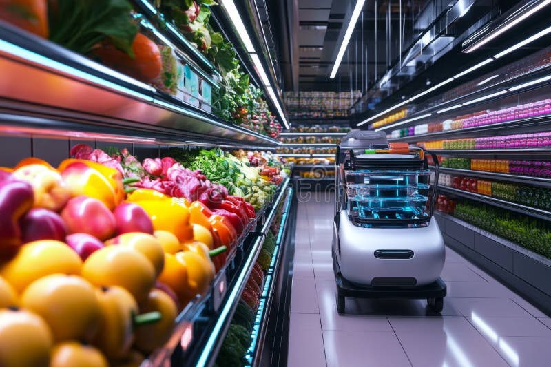 A Smart Grocery Shopping Robot Moves Along a Colorful Produce Aisle. it ...