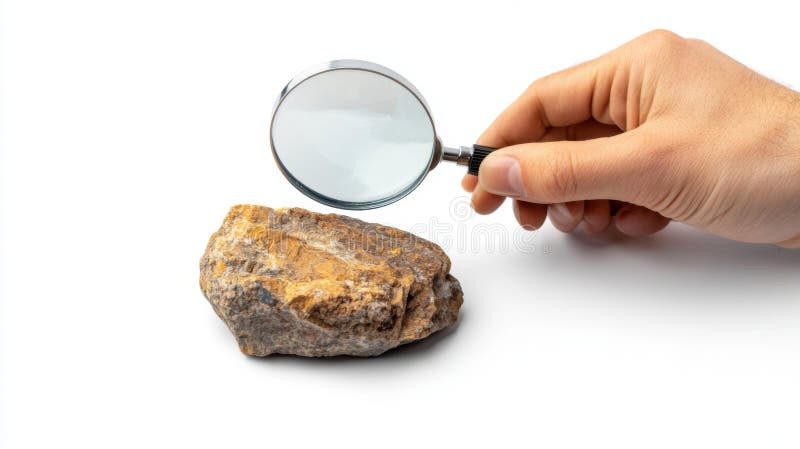 A Hand Holding a Magnifying Glass Above a Rock. the Close Inspection ...