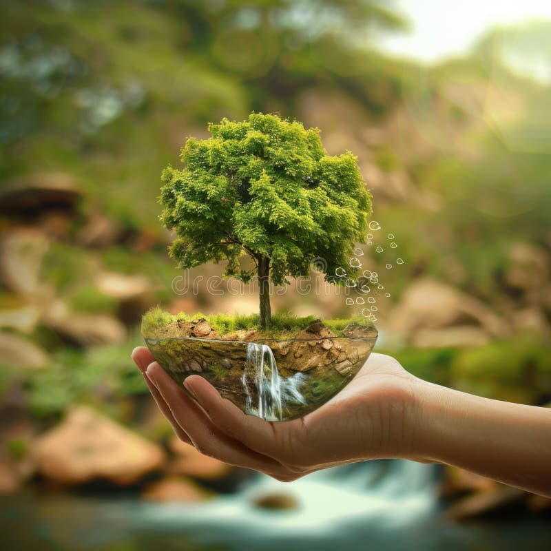 A Miniature Ecosystem Held in a Hand with a Waterfall and a Tree Stock ...