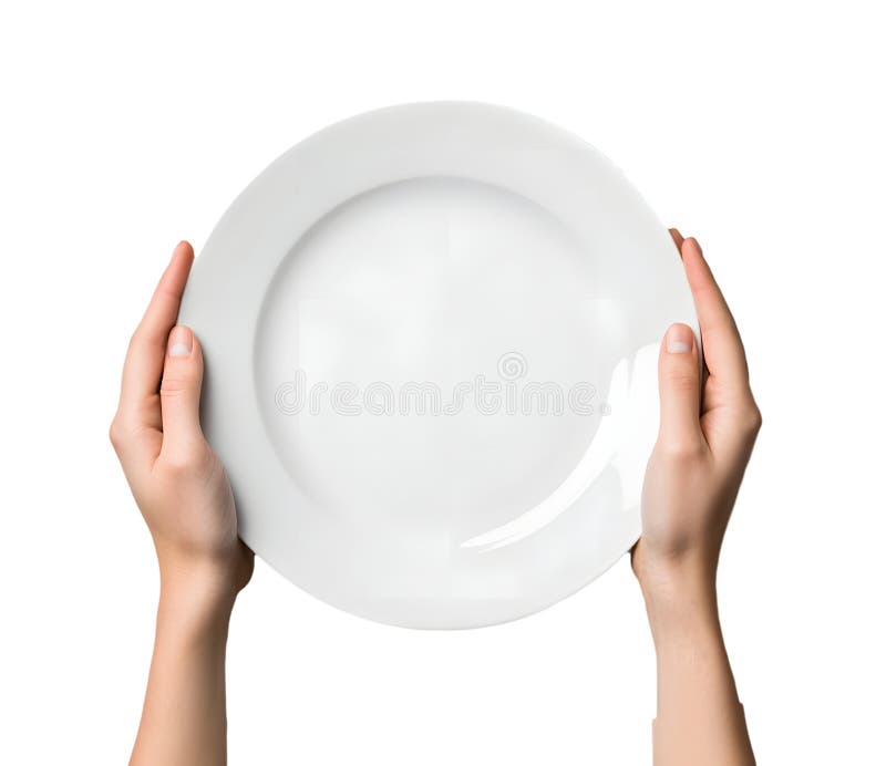 Hands Presenting an Empty White Plate Isolated on White Background ...
