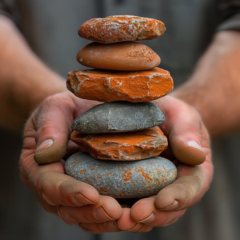 Man S Hands Balancing a Stack of Rough Orange and Gray Stones with Dirt ...