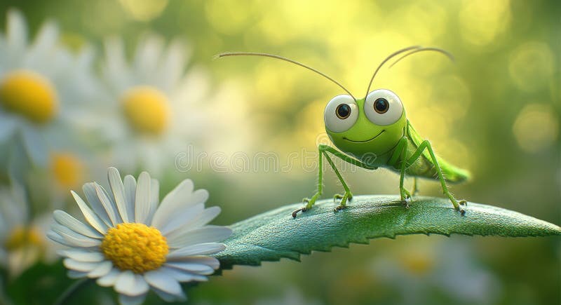 The Image Features a Happy Cartoon Grasshopper Perched on a Flower Stem ...