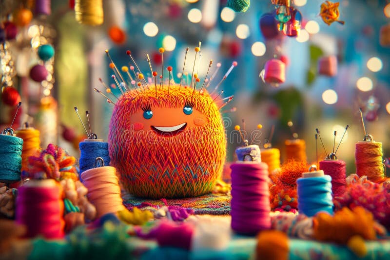 A Colorful and Cheerful Fuzzy Creature Smiles Amidst Vibrant Threads ...