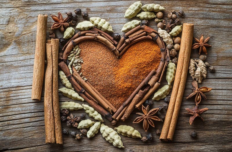 Heart Shaped Spice Arrangement with Cinnamon and Cardamom on Rustic ...