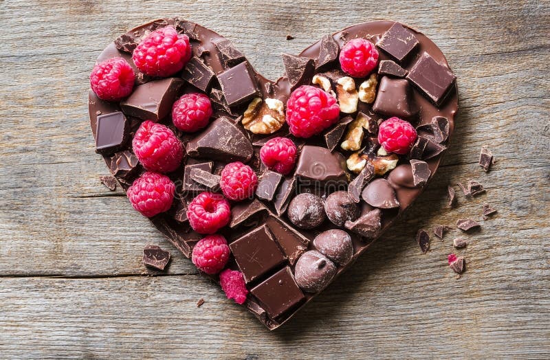 Heart Shaped Dark Chocolate with Fresh Raspberries and Walnuts on ...