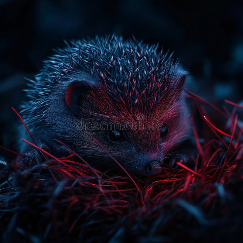 A Close-up of a Hedgehog in a Field with Red Light Highlighting it ...