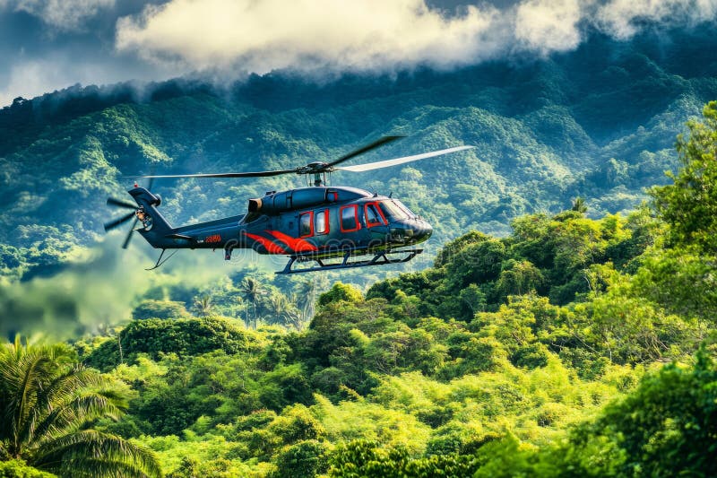 A Modern Helicopter Flies Above Lush Green Mountains. the Helicopter ...
