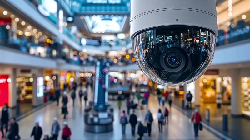 A Sleek Security Camera Hangs in a Bustling Mall. it Observes the Crowd Below. this Image ...
