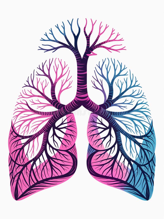 Stylized Digital Illustration of Human Lungs in Vivid Pink, Blue, and ...