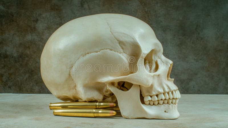 Human Skull with Bullets on a Textured Surface, Evoking Themes of ...
