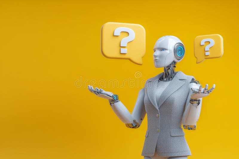 A Humanoid Robot in a Suit Pondering, with Question Marks in a Vibrant ...