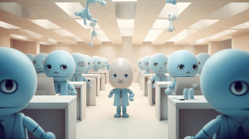 3D Illustration of Identical Sad Workers in an Empty Office Space with ...
