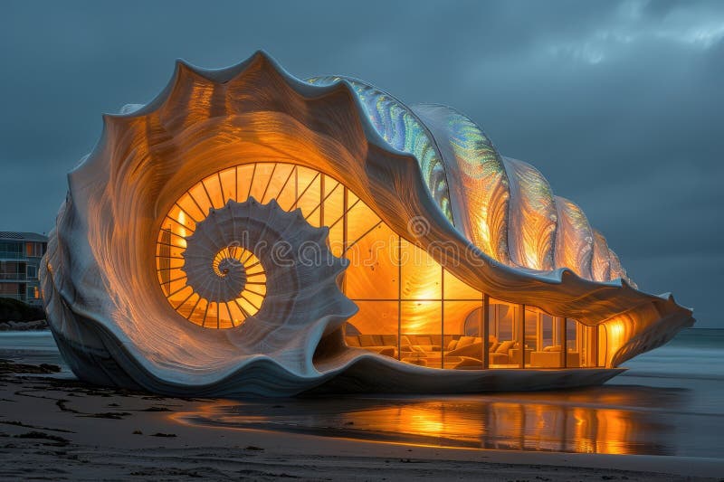 Seashell Shaped Coastal House at Night, Illuminated Interior Stock ...