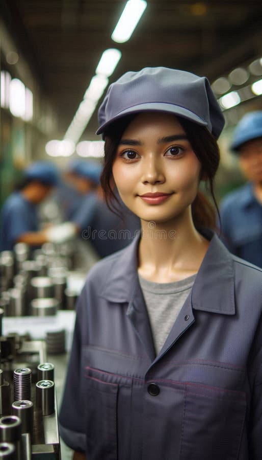 Focused Worker in Blue Uniform and Cap at Manufacturing Plant with ...