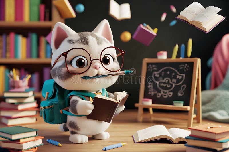 Innocent Cat with Bag and Books in School Stock Illustration ...