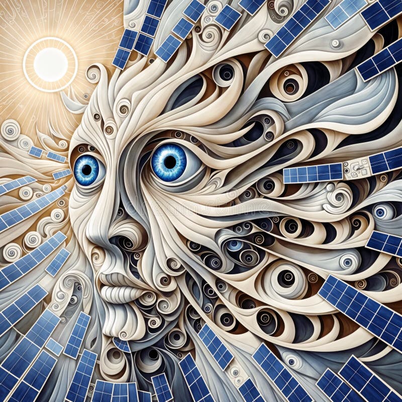 Swirling Design with Solar Panels and Face, Generative Ai Stock ...