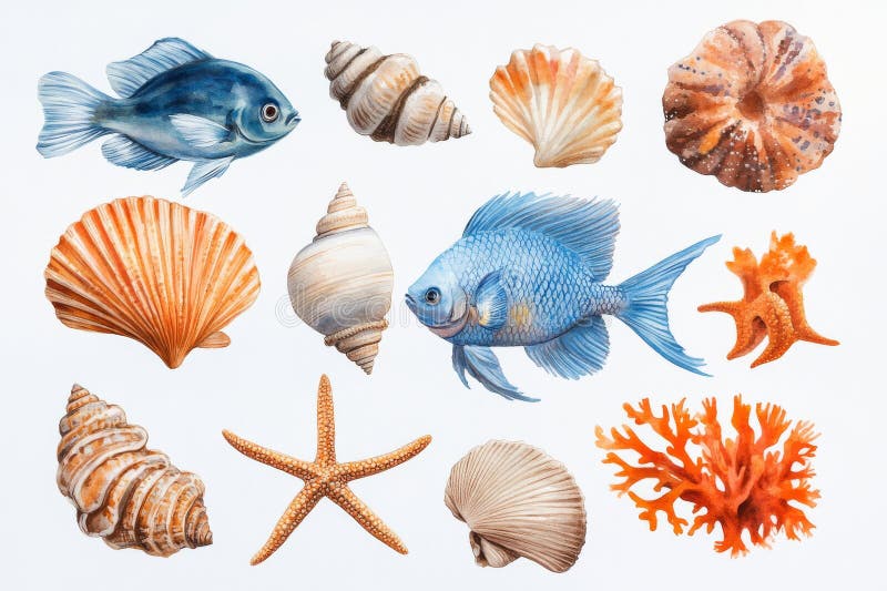 The Image Features Isolated Coral, Fish, and Seashells on a Watercolor ...