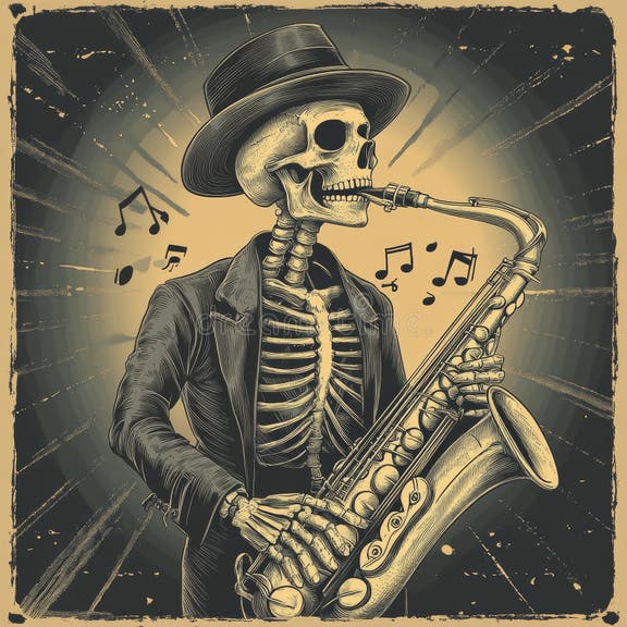 The Image Features a Jazz-playing Skeleton on Saxophone, with Musical ...