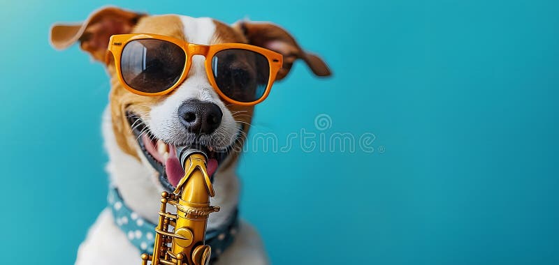 A Happy Dog Enthusiastically Plays a Vibrant Saxophone Under Bright ...