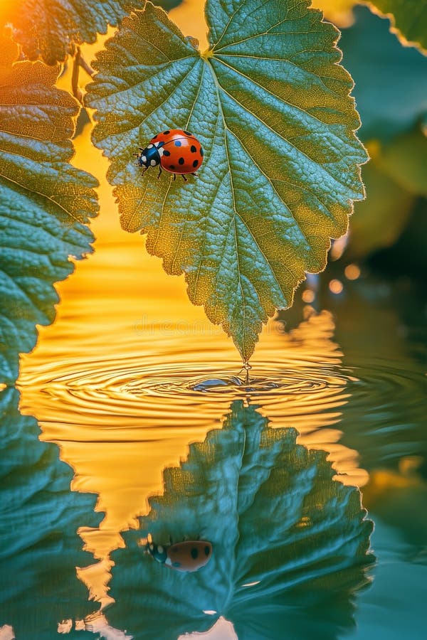 The Image Features a Ladybug on a Leaf, with Its Reflection Visible in ...