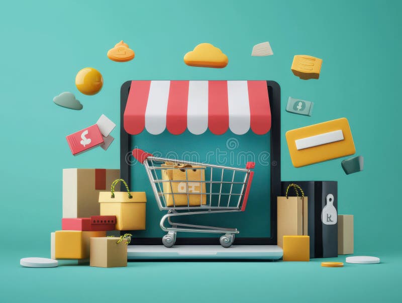 Digital Storefront with Shopping Cart, Laptop, and Colorful 3D E-commerce Elements Stock ...