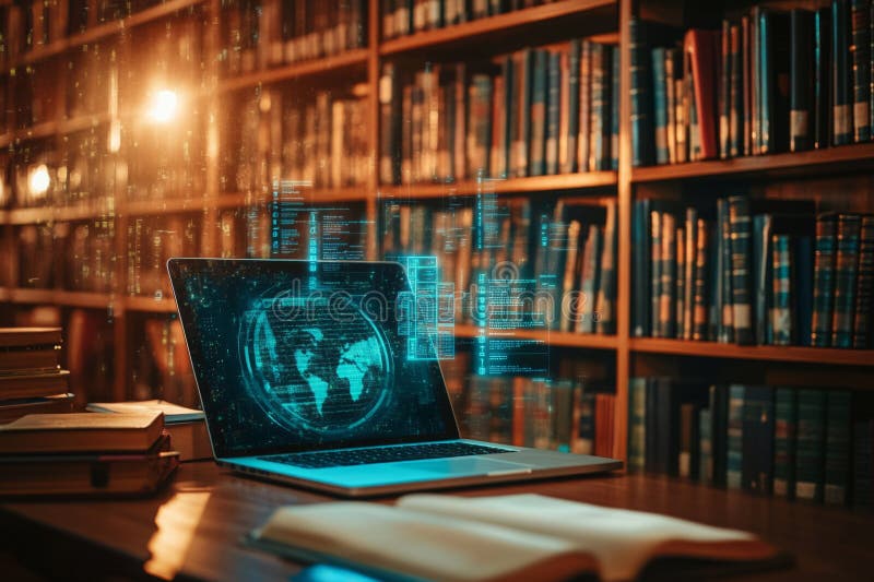 A Laptop in a Library Showcases a Glowing World Map. the Blend of ...