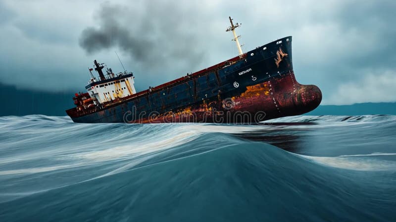 A Large Ship Leans Dramatically in Rough Waters. the Overcast Sky Adds ...