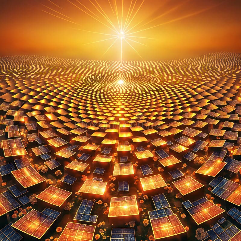 Field of Solar Panels Facing Sunrise, Generative Ai Stock Illustration ...