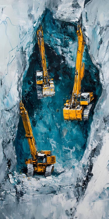 Excavators Working in Icy Cavern Stock Illustration - Illustration of ...