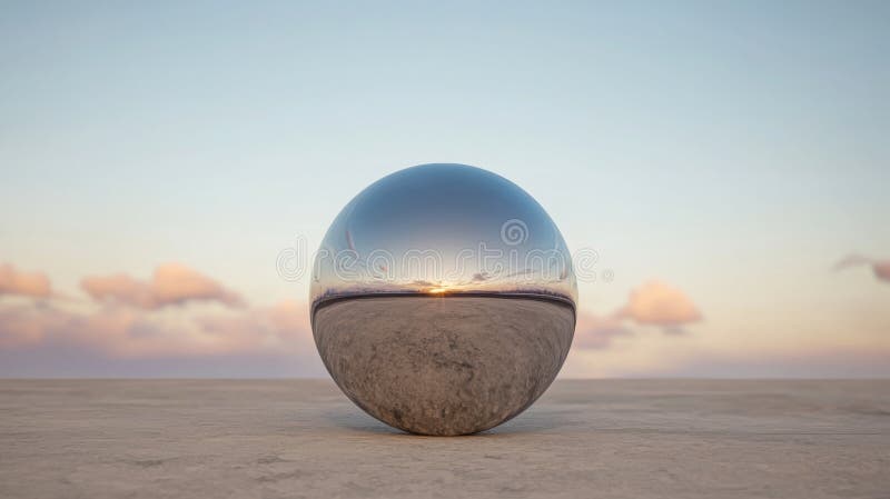 Large Shiny Sphere Reflection Sunset Over Desert Landscape Stock Photos ...
