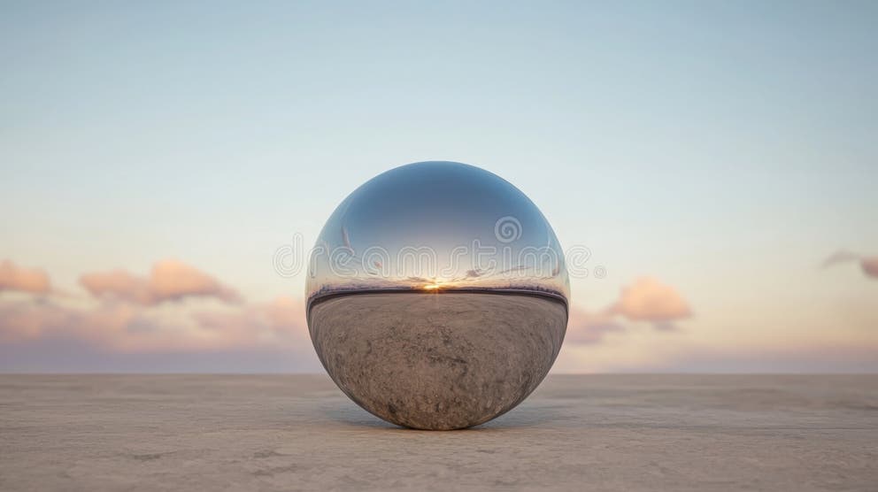 A Large, Shiny Sphere with a Reflection of a Sunset Over a Desert ...