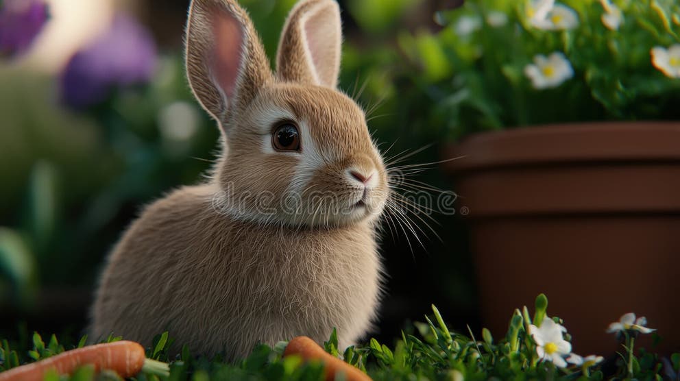 A Light Brown Rabbit Sits in a Garden, Surrounded by Green Grass and ...